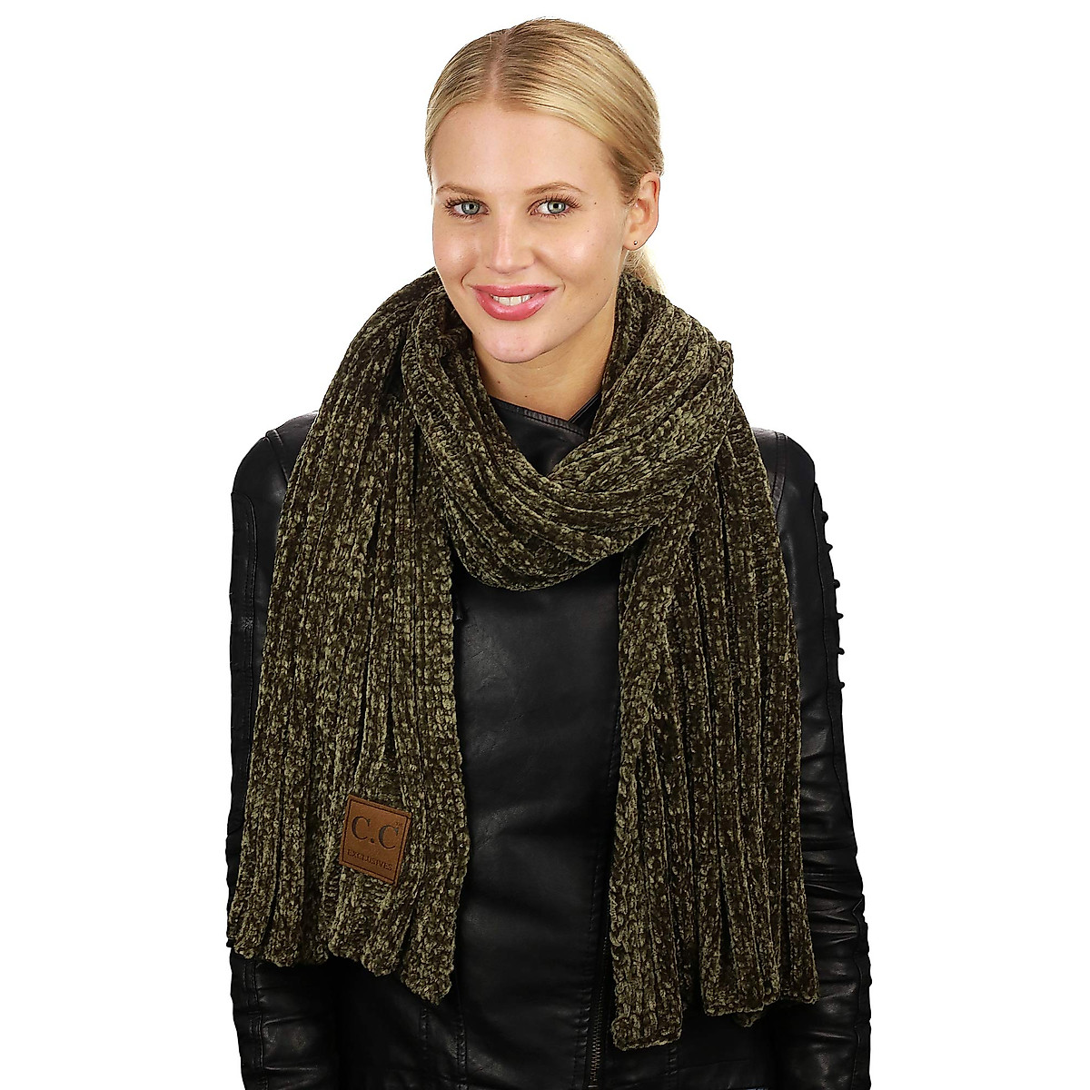 C.C Women's Ultra Soft Chenille Ribbed Thick Warm Knit Shawl Wrap Scarf-New Olive