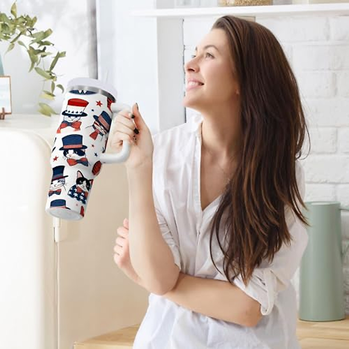 Maunzc 40 oz Tumbler with Handle and Straw, Insulated Stainless Steel Travel Mug with Lid for Coffee, Iced Tea, Water, Gift for Men Women (Gentleman Cats)