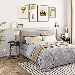 HOOBRO C Shaped End Table with Charging Station, Narrow Sofa Couch Side Table for Small Space, Industrial Bedside Table with Metal Frame for Living Room, Bedroom, Dorm, Black BB06USF01