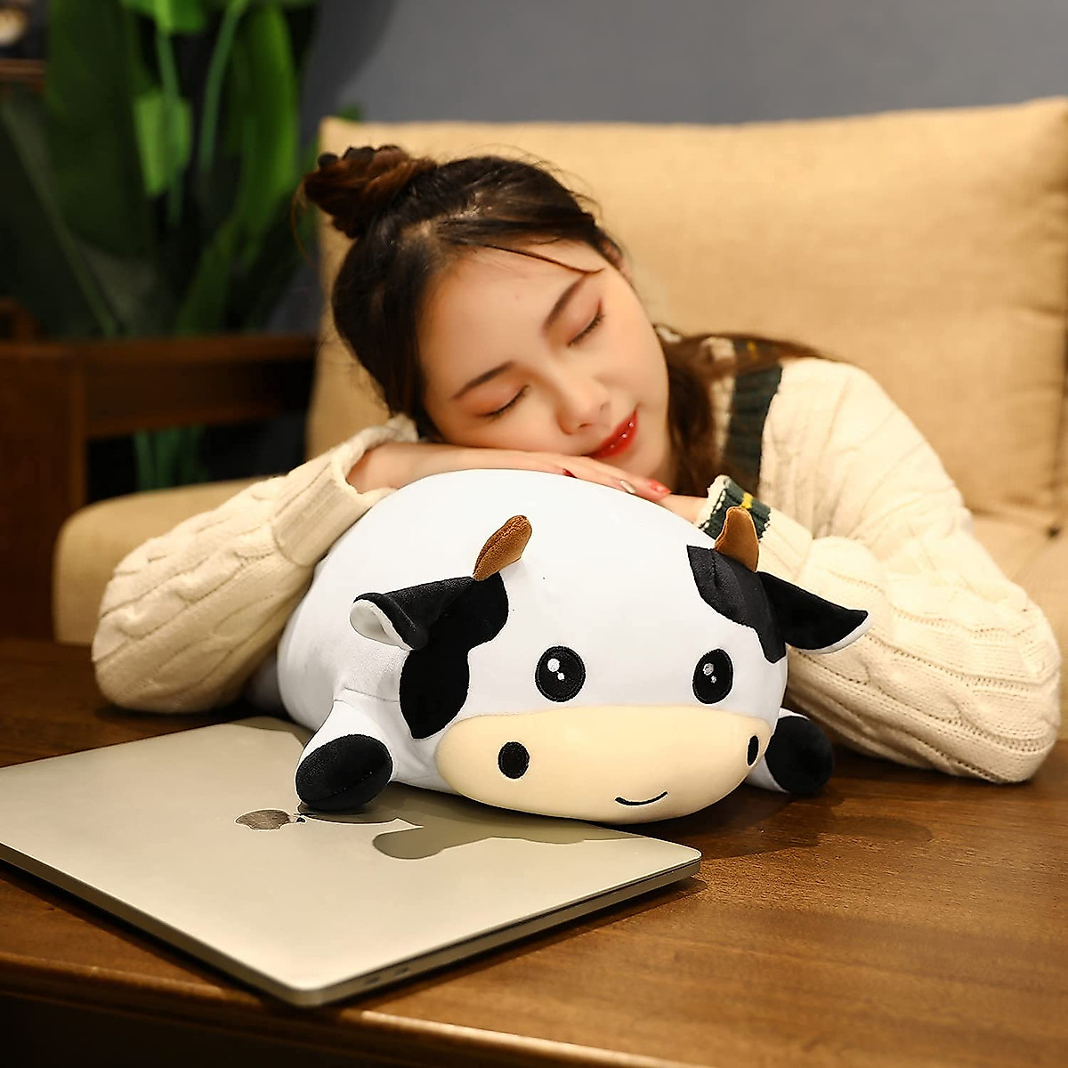 Achwishap Cow Stuffed Animals 13.7” Cow Plush Pillow Stuffed Dolls Hugging Pillow with Zipper, Plush Toys Dolls Gifts for Kids Girls Boys Adults