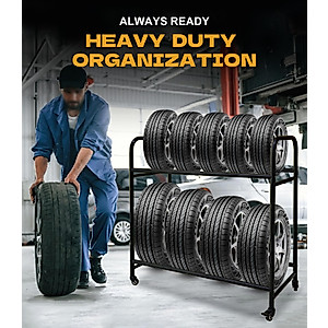 Landrol Tire Cart Rack Organizer, Heavy Duty Mobile Tire Holder for Garage Storage, Adjustable Tire Stand Indoor/Outdoor with 2 Universal Rolling Wheels Shelves