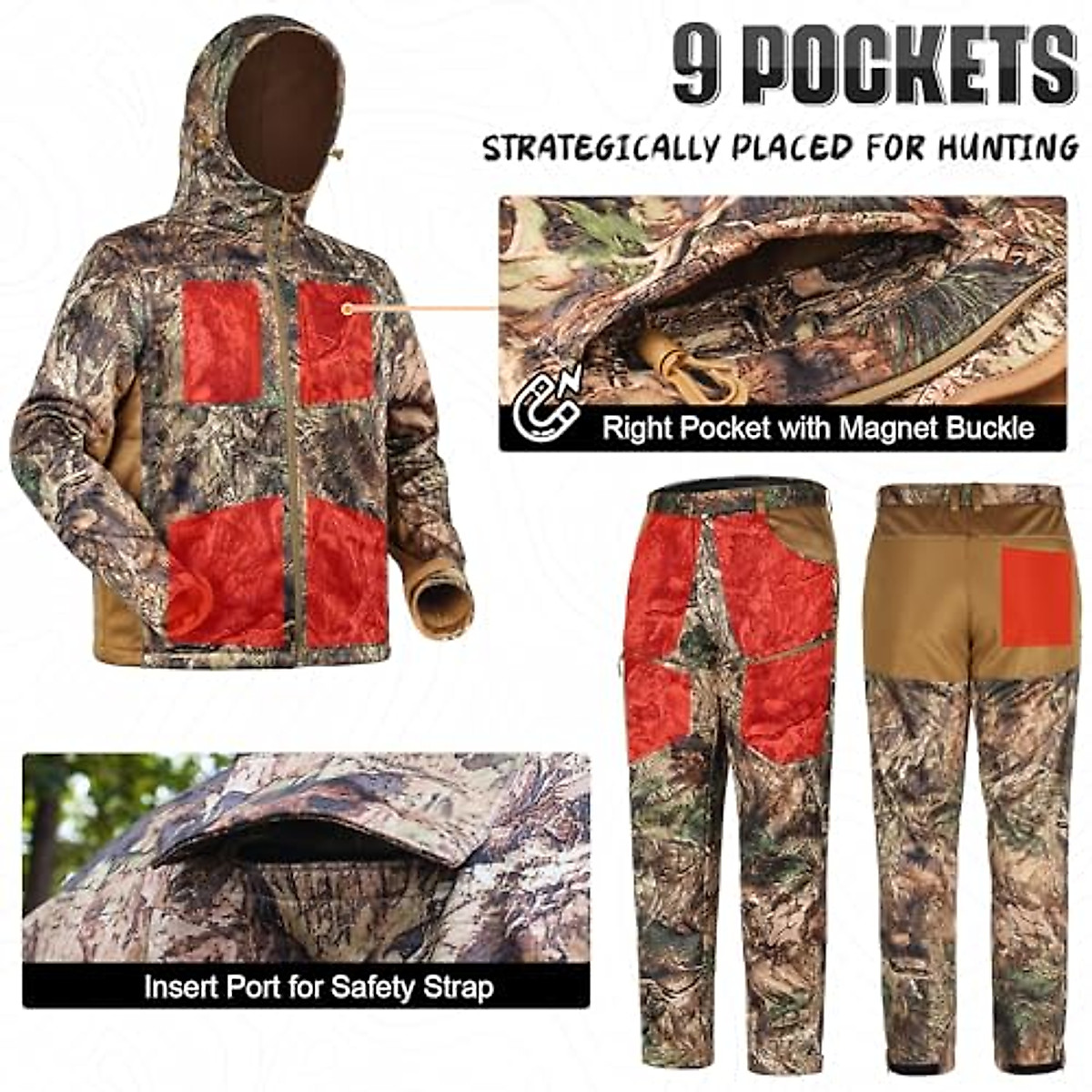 HUNT MONSTER Silent Hunting Clothes for Men, Safety Strap Compatible Hunting Jacket and Pants with Fleece Lining, Quiet, Winter Warm, Water Resistant and Insulated(XL)