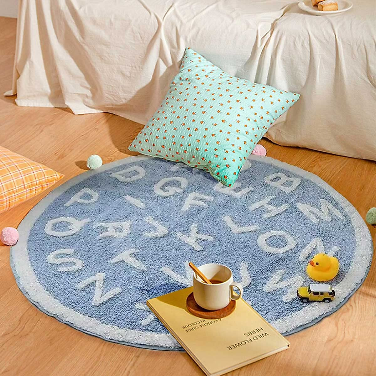 4.6ft ABC Alphabet Round Rug for Kids Playroom Bedroom Soft Plush Washable Non-Slip Children Educational Learning Nursery Rug Baby Crawling Mat Floor Carpet for Kids Baby Toddlers, Blue