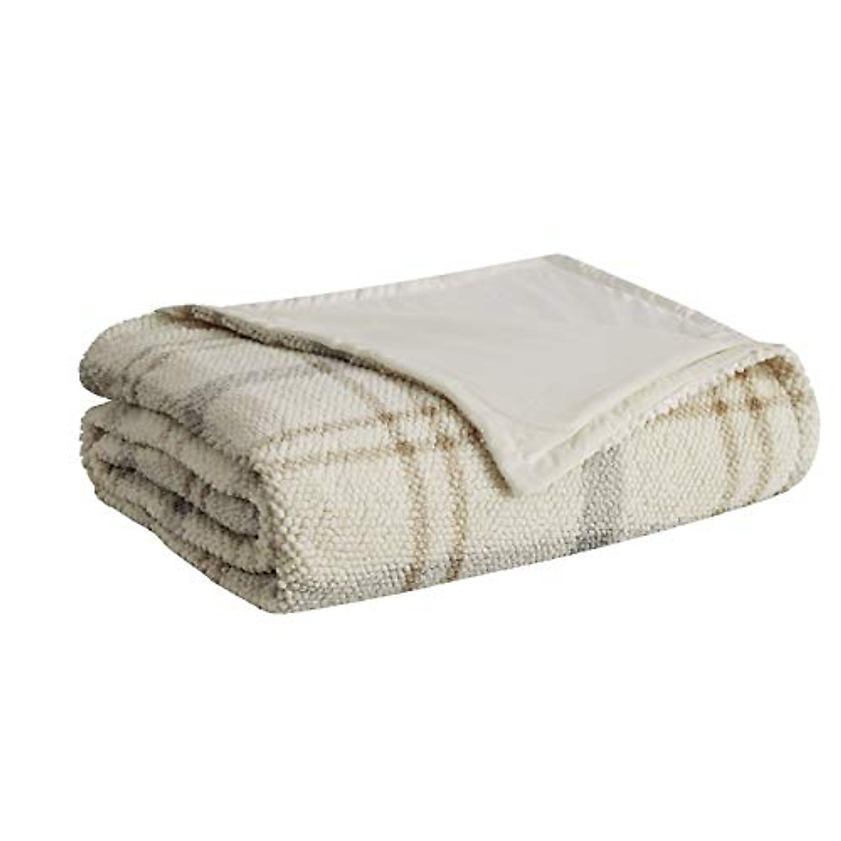 LONDON FOG - Popcorn Plaid Plush Collection - 50x60 Sculpted Sherpa Throw - Grey/Neutral