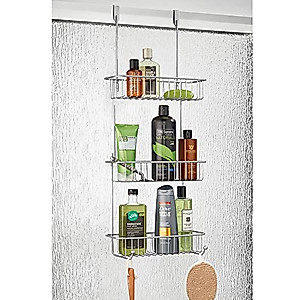 mDesign Metal Over Shower Door Caddy, Hanging Bathroom Storage Organizer Center with Built-In Hooks and Baskets on 3 Levels for Shampoo, Body Wash, Loofahs - Chrome