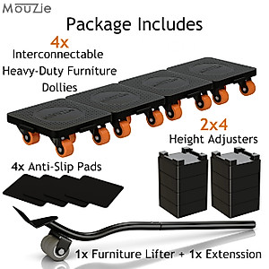 Heavy Duty Furniture and Appliance Roller Sliders Dolly Movers Set of 4 Cart Moving Coasters with Wheels, Lifter Tool Jack Can Lift and Move Up to 1500 lbs for Hardwood Floors Tiles Carpets Concrete