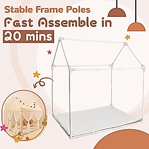 Kids Play Tent Indoor Outdoor, Large Play House Tents for Toddlers 3-12 Years Old, Girls Boys Play Tents with Non-Slip Mat, Tassel Garland and Star Lights, Neutral Color 52" x 35" x 52"