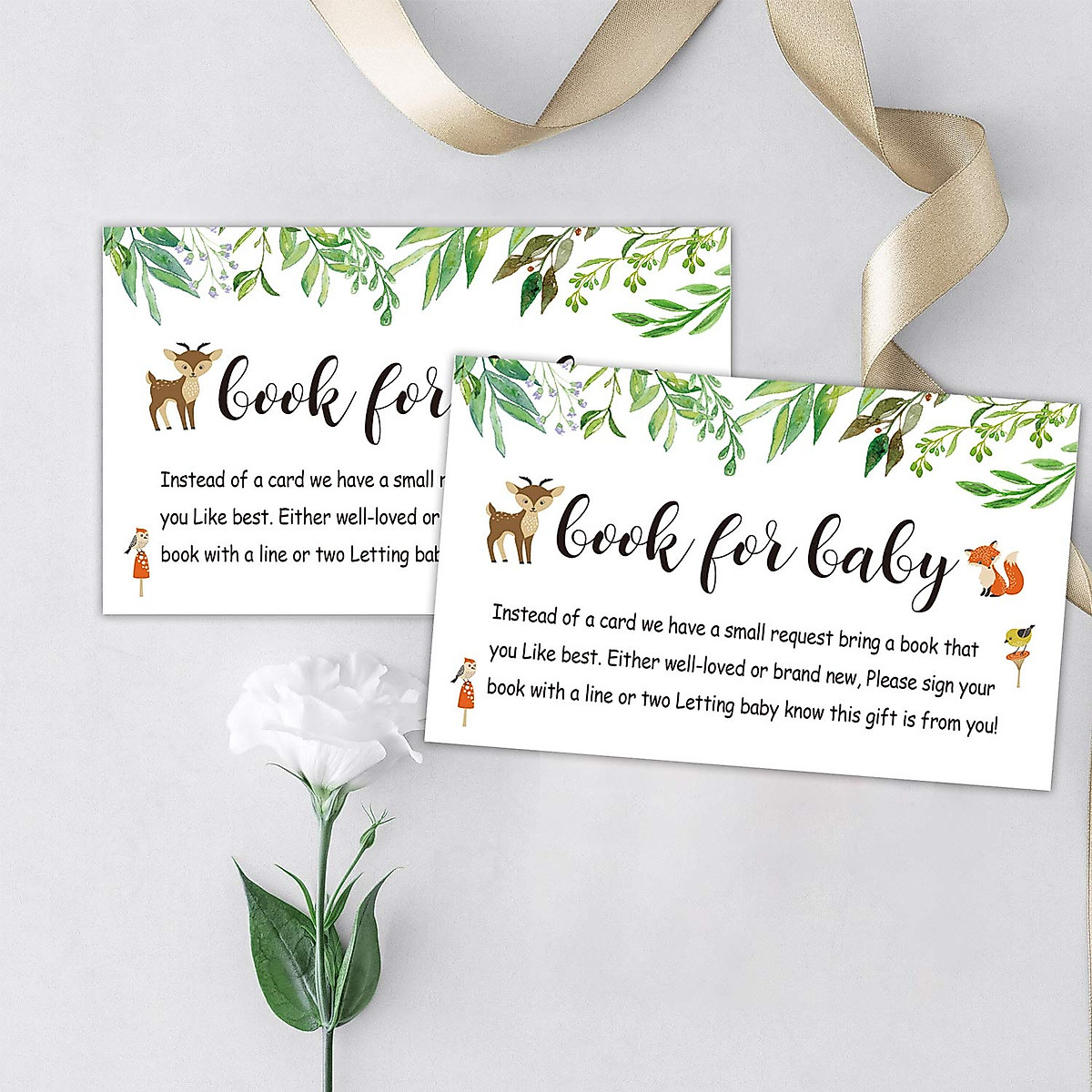 Giftideaworkshop 50 Pack Books for Baby Shower Request Cards, Woodland Floral Books for Baby Insert Cards, Baby Shower Invitation Inserts, Bring a Book Instead of a Card., Green, 3.5 x 2 Inch