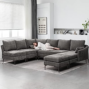 MELLCOM Modern U Shaped 6-seat Sectional Sofa Couch, Convertible Chenille Modular Sofa, Reversible Sleeper Couch with Chaise Lounge and Ottoman for Living Room, Grey
