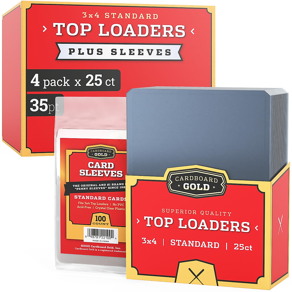 Cardboard Gold - 35pt Top Loaders for Cards with Bonus Soft Sleeves - 100 Count - Premium 3x4 Inch Trading Card Toploaders - Protect Your Baseball and Sports Cards with These Hard Plastic Protectors