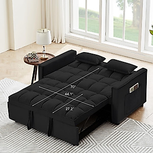 GNIXUU Black Convertible Sofa Bed, Sleeper Sofa Couch w/Pull Out Bed, 55.2" Modern Velvet Loveseat Lounge Sofa Bed w/Pillows & Adjustable Backrest for Small Space, Living Room, Apartment