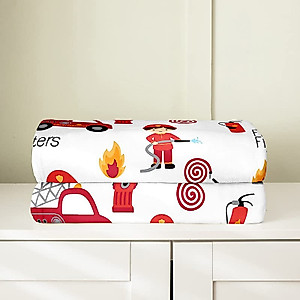 Feelyou Fire Truck Flannel Fleece Blanket Cartoon Car Firemen Car Vehicle Pattern Plush Throw Blanket, for Children Firefighter Red White All Season,Bed Blanket Room Decor Room Decor Twin 60"x80"