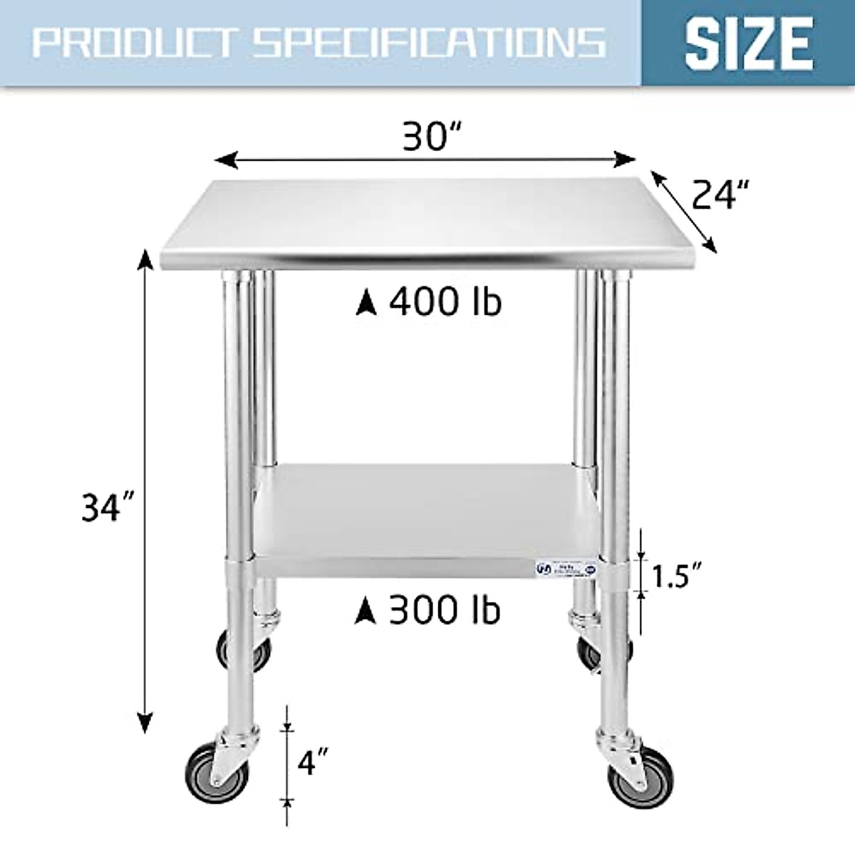 Hally Stainless Steel Table for Prep & Work 24 x 30 Inches with Caster Wheels, NSF Commercial Heavy Duty Table with Undershelf and Galvanized Legs for Restaurant, Home and Hotel