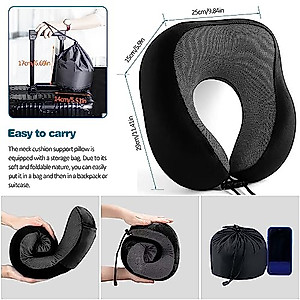 KLERICER Travel Neck Pillow, Memory Foam Neck Pillow for Airplane, Portable 360°Head Support Travel Foam Neck Pillow, with Eye Mask,Earplug and Carry Bag for Airplane, Sleeping, Office (Black)