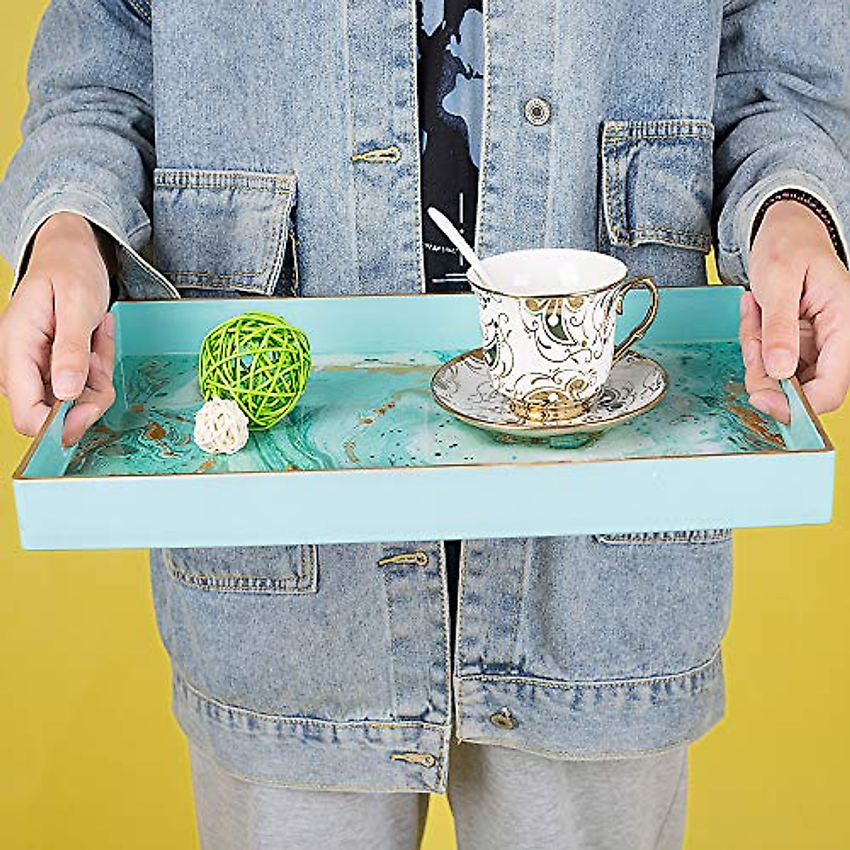 MAONAME Turquoise Serving Tray with Handles, Plastic Decorative Tray for Coffee Table, Marbling Rectangular Tray for Bathroom, Ottoman, Storage, 15.7" Lx 10.2" W X 1.57" H