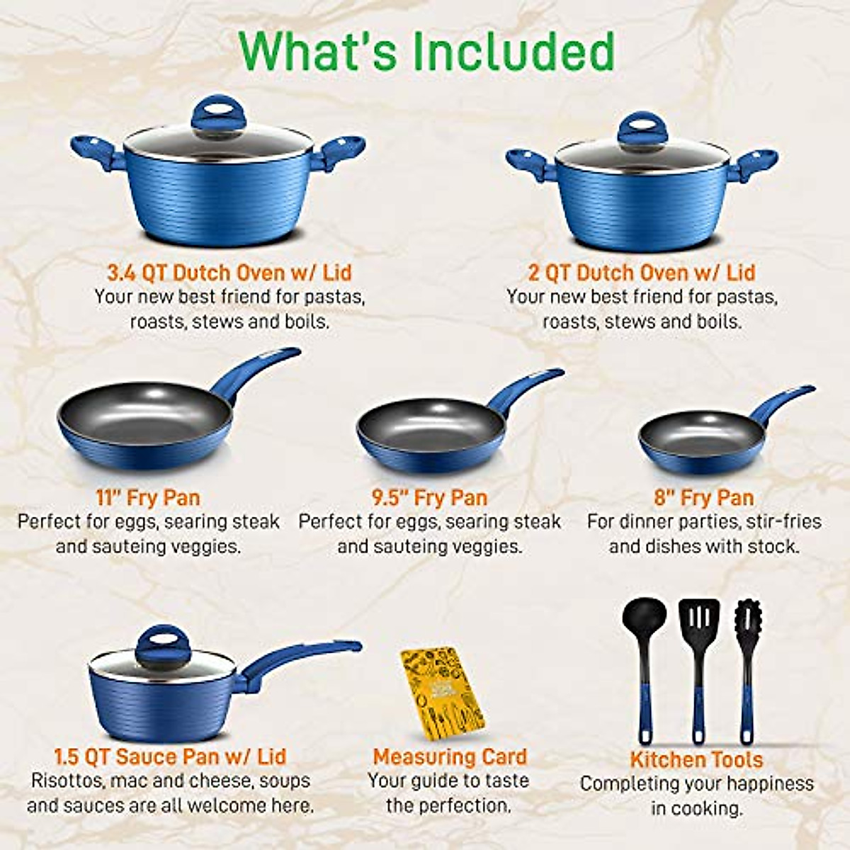 NutriChef 12-Pc Blue Nonstick Cookware Set - Professional Pots & Pans with Durable Coating, All Cooktops Compatible, Including Induction