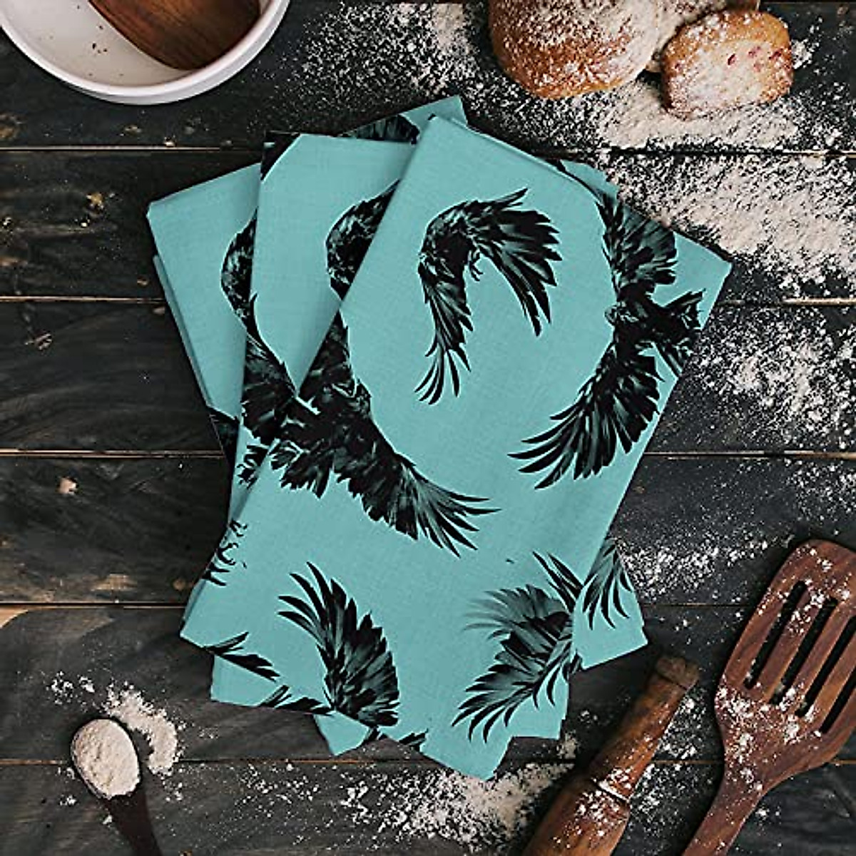 YOKOU Kitchen Towel, Halloween Crow Raven Teal Green Absorbent Dish Cloths Super Soft Dish Towels Hand Towels or Tea Towels for Bathroom, Tubs, Shower, Pack of 1