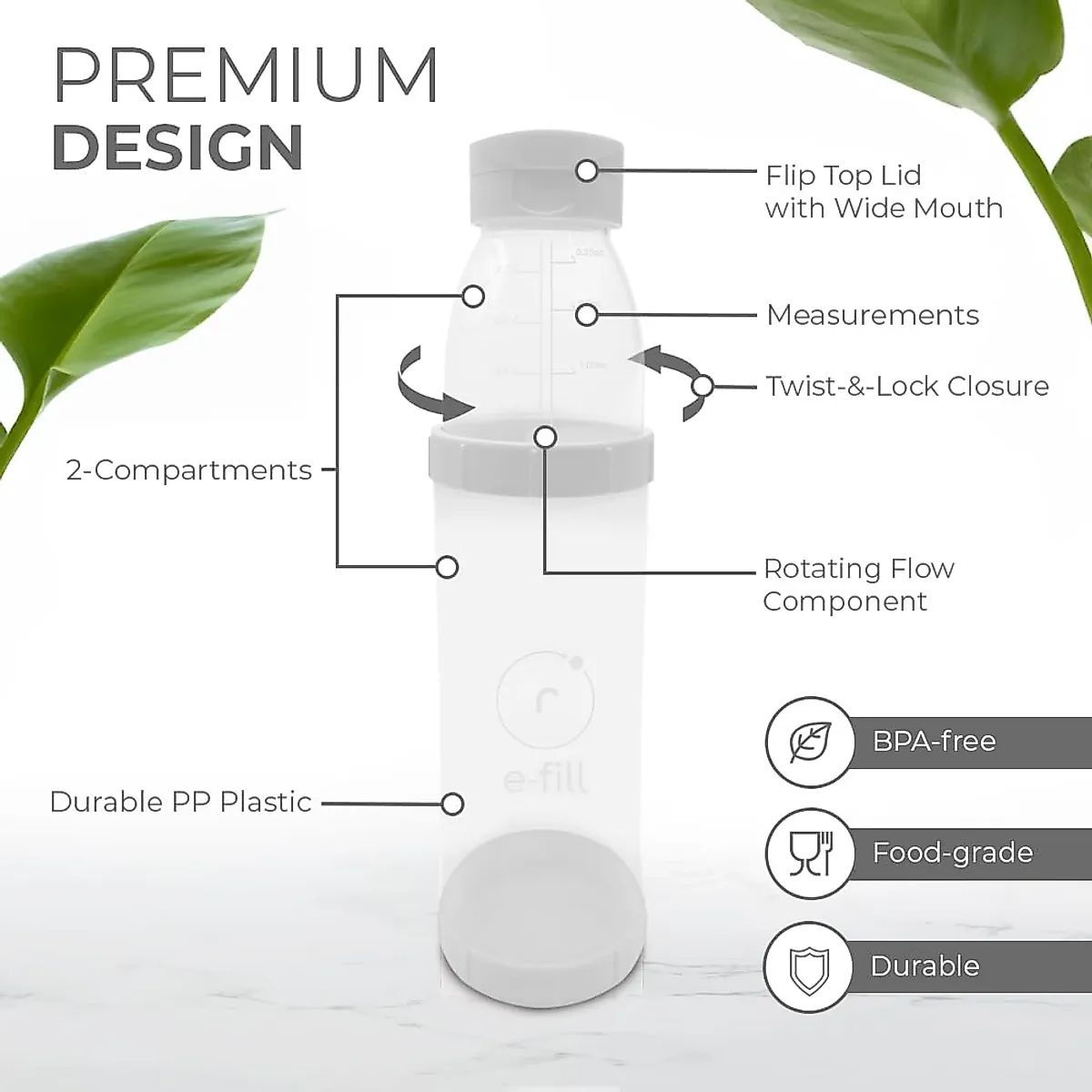 Sensible Creations Re-Fill Powder Container to-Go, 2-Compartment Powder Travel Dispenser with Measurements - Powder Container for Protein Powder or Pre-Workout to use On-The-Go (White)