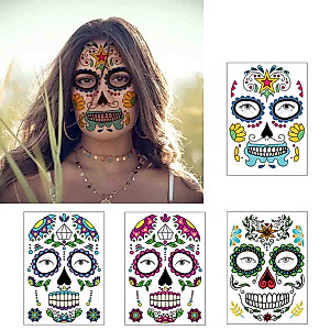 COKOHAPPY Halloween Temporary Face Tattoos Makeup Kit (13 Pack), Day of the Dead Sugar Skull Floral Black Skeleton Web Red Roses Full Face Mask Stickers Tattoo Families Party Supplies