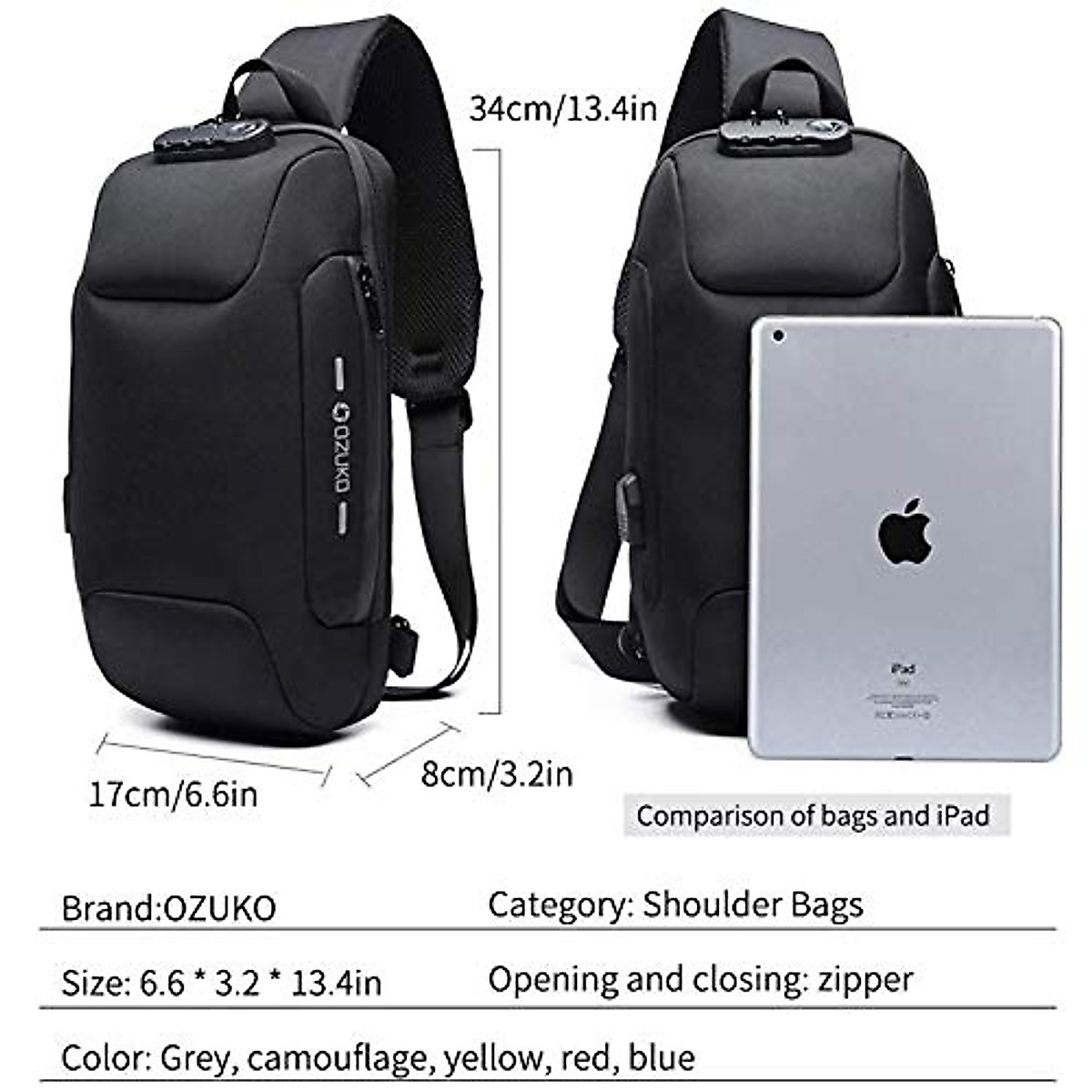 OZUKO Men Sling Backpack Nylon Water Resistant Shoulder Chest Crossbody Sling Bag with USB Charging Port Black (Camouflage)