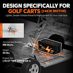 LiTime 51.2V(48V) 60Ah Lithium Golf Cart Battery, Built-in 120A BMS, 15000 Cycles Rechargeable LiFePO4 Battery, Support up to 4kW Motor, Max 6.14kW Continuous Power Output, Perfect for Golf Carts