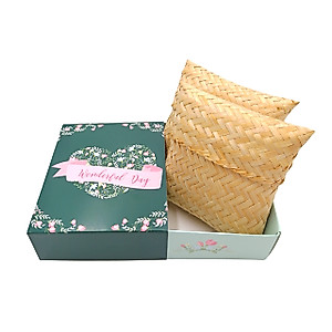 Sticky Rice Basket 4(3.5) x 4(3.5) In., Kratip Bamboo Steamed Sticky Rice Container, Thailand Handmade Serving Basket, Original Color, Thai and Laos Flat Kratib for Home, Restaurant (Flat Kratip 2)