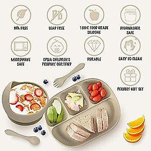 Littlesol Baby Led Weaning Supplies - Complete Silicone Baby Feeding Set - Includes Baby Plate, Spoon, Fork, Bib, Bowl, Water & Snack Cup - Food Grade Silicone BPA Free - Dishwasher Safe (Beige)