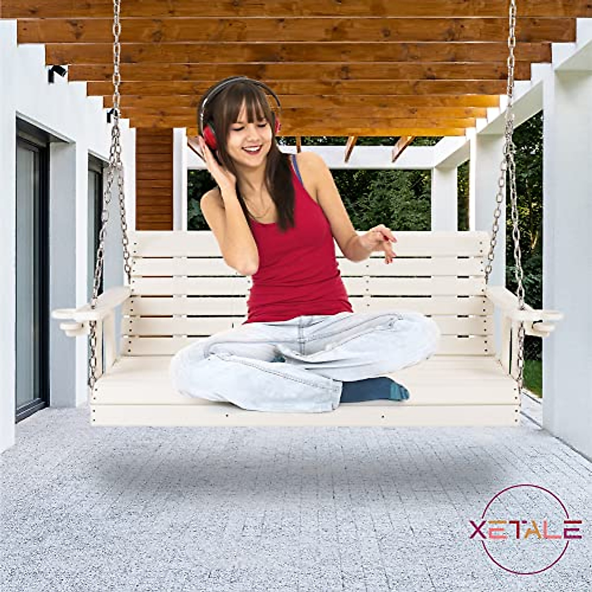 XETALE HDPE White Wood Porch Swing - 59x24.8x18.5 - Outdoor Hanging Bench Swings for Adults - Home Furniture for Deck, Patio, Den, Yard - Polywood Material, Accessories Included - Max Weight 880lbs