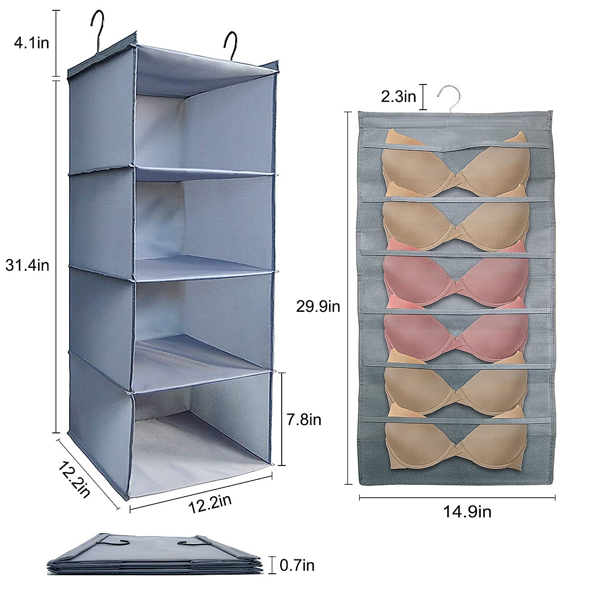 Taoomeho Hanging Closet Organizers and Storage Set,4-Shelf Foldable Hanging Storage Shelves and Dual-Sided Storage Bags，Great for Clothes Bag Bra Underwear Underpants Socks Organization Storage，Gray