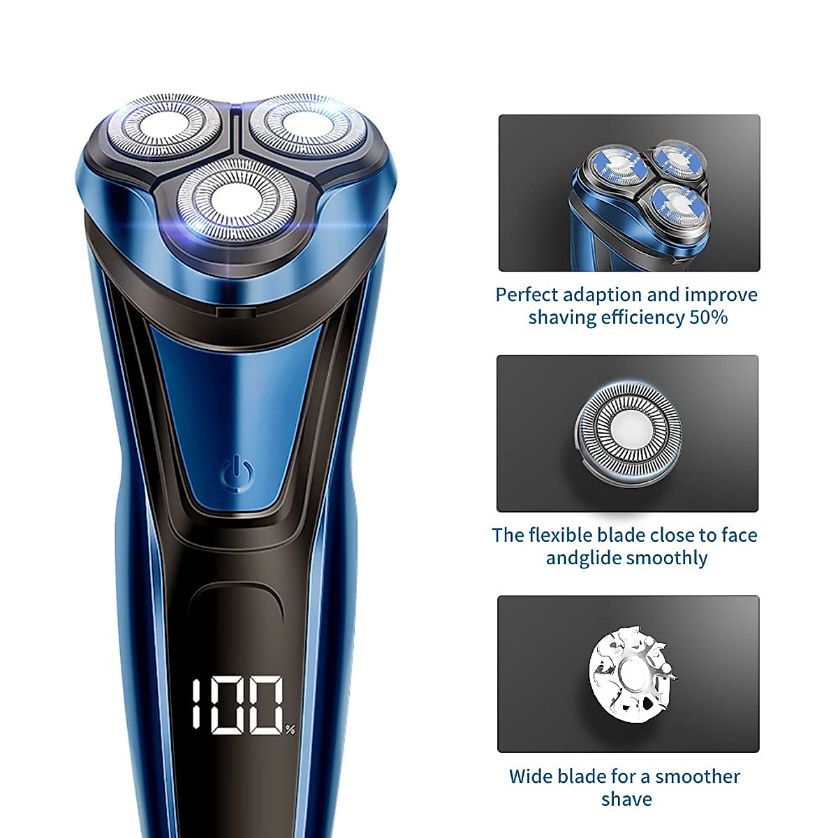 Electric Razor for Men Rotary Shaver Pop-up Beard Trimmer with LCD Display and Rechargeable Cordless Waterproof Blue