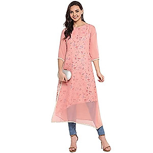 Janasya Indian Women's Tunic Tops Crepe Kurti for Women(JNE3252-KR-S) Pink