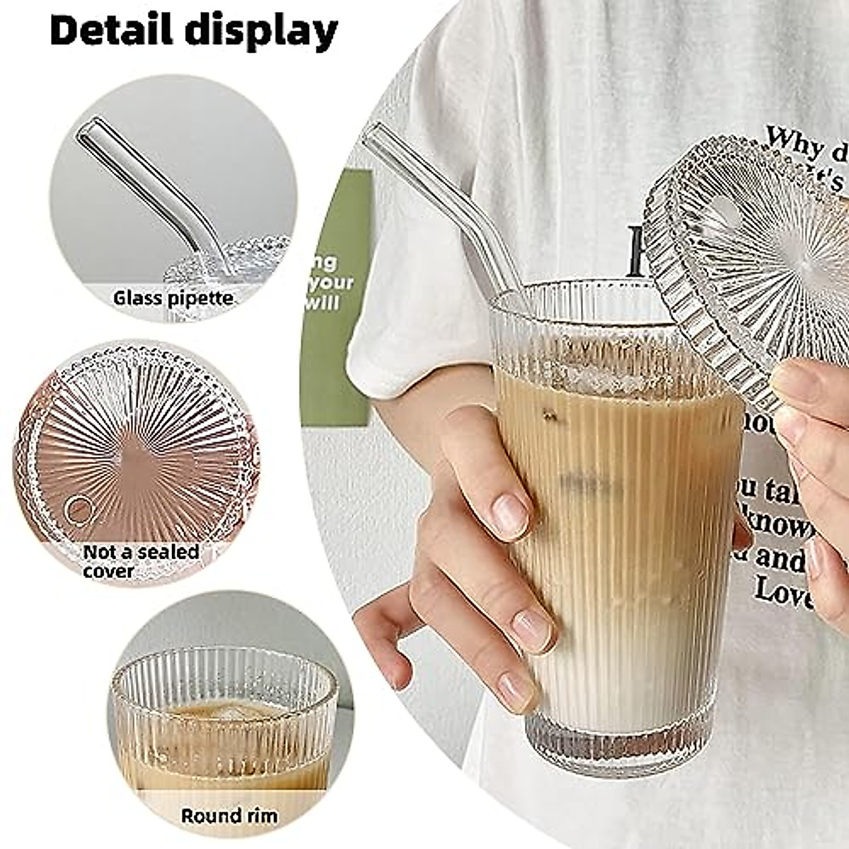 YAHUIPEIUS Glass Tumbler Stripe Glass Cup Coffee Cup With Lid and Straw Drinking Glasses for Water,Iced Coffee,Milk,Tea,Juice (A-Stripe)
