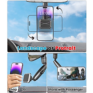 APPS2Car Magnetic Phone Car Mount Rear View Mirror Phone Holder for Car Long Arm Low Profile Strong Magnets Adjustable Angles & Heights for All Cell Phones, iPhone Fits 16-22mm Round Mirror Neck