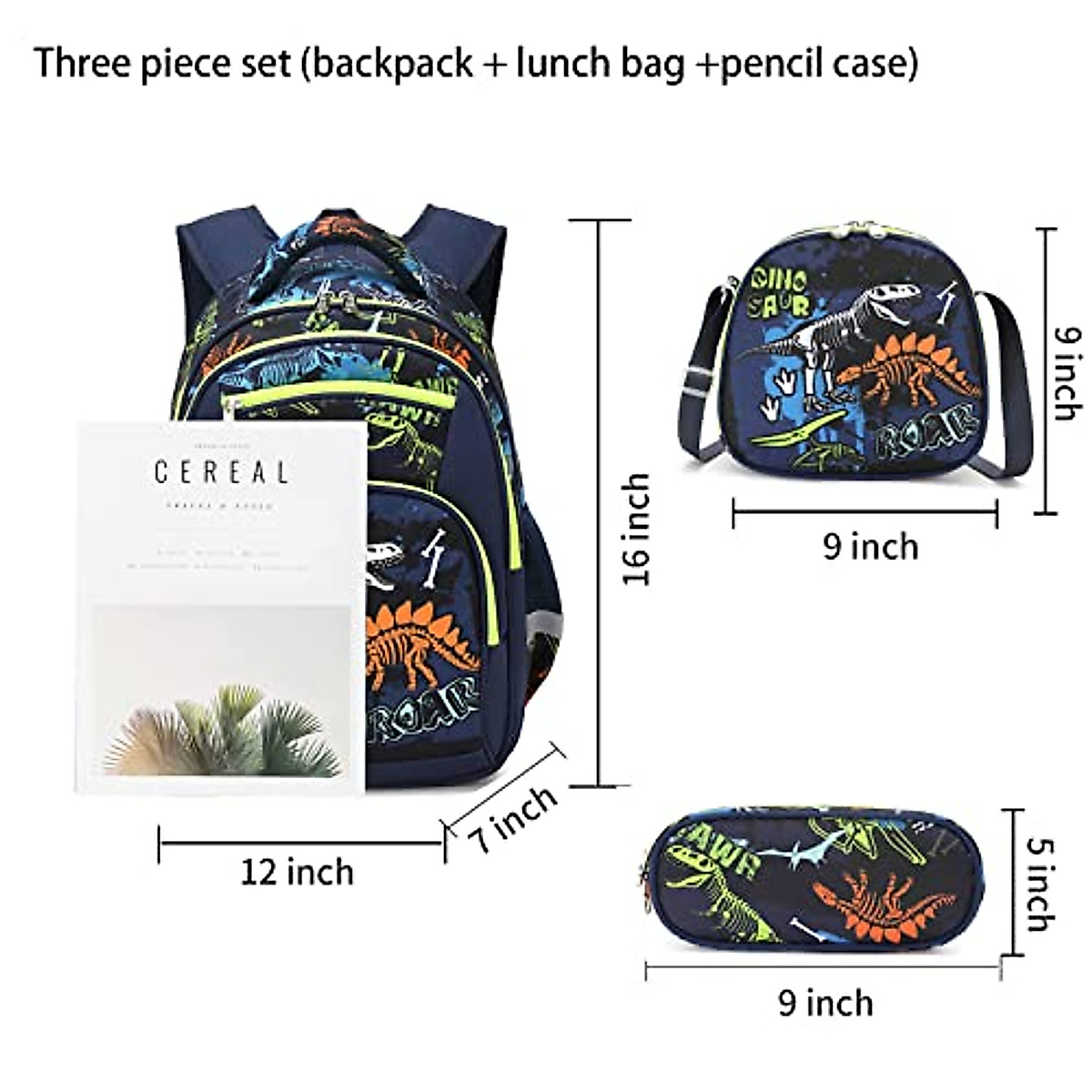 Wawakube 3Pcs Boys Dinosaur Backpack Set with Lunch Box Pencil Case, School Book Bag for Kids Elementary Preschool