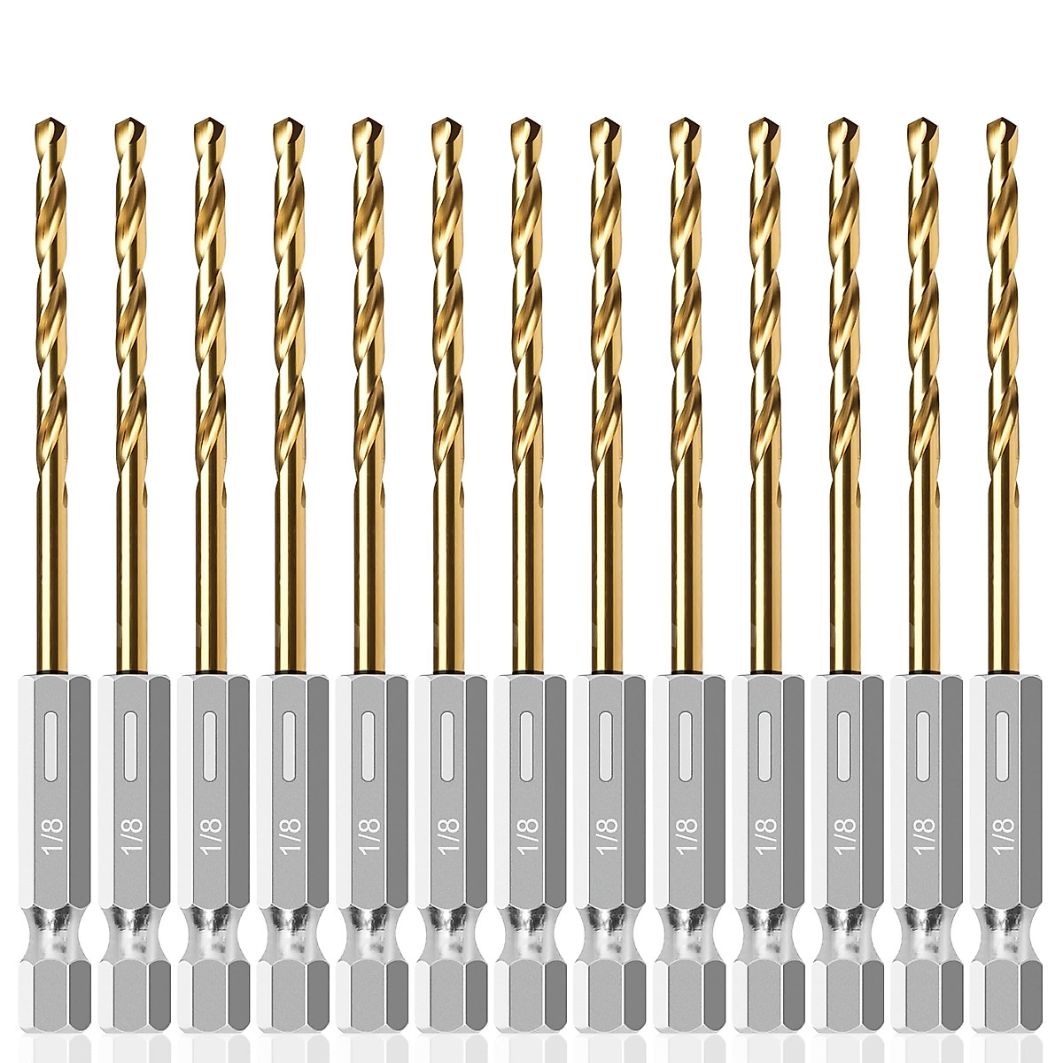 AIMLENTOOL 13PC 1/8" Titanium Coated Twist Hex Shank Drill Bit Set, 135 Degree Tip HSS Drill Bit Sets, Impact Driver Drill Bits for Wood, Steel, Metal, Plastic with Quick Change Design