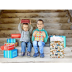 XJF Large Gift Bag with Tissue Paper and Card for Boys,13inch Vehicle Party Gift Bag for Kids,Adults,Birthdays,Kids Parties, Christmas, Holidays, 13inch x 10.5inch x 5.8inch
