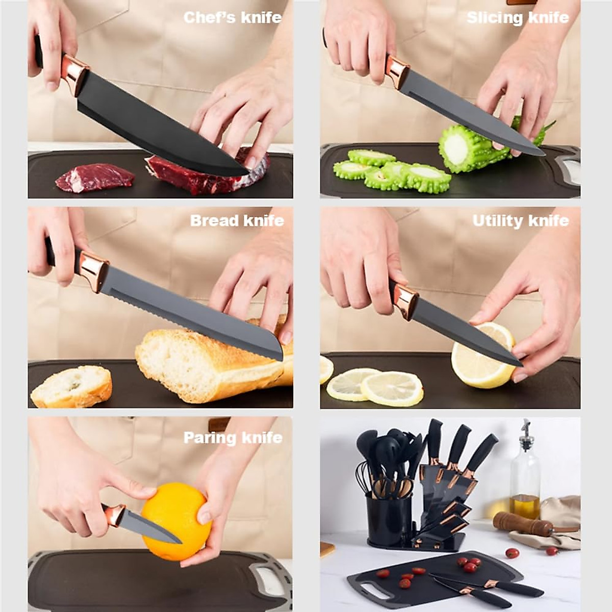 Kitchen Cooking Utensils Set, 19 pcs Non-Stick Silicone Cooking Utensils and Knife Sets with Holder,Ultra sharp Chef knives, Scissors and Cutting Board,Heat Resistant,Turner, Spatula,Wooden Handle