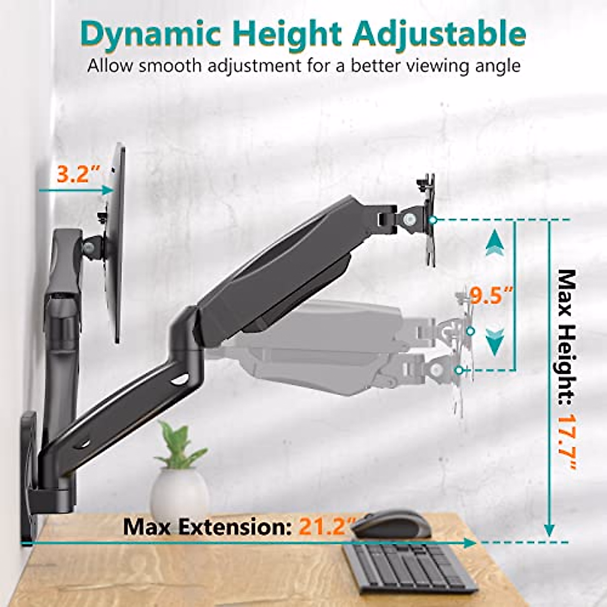 WALI Dual Monitor Wall Mount, Gas Spring Monitor Arm for 2 Screens up to 32 inch, 19.8 lbs. Fully Adjustable Arm Mounting Holes up to 100 x 100 (GSWM002), Black