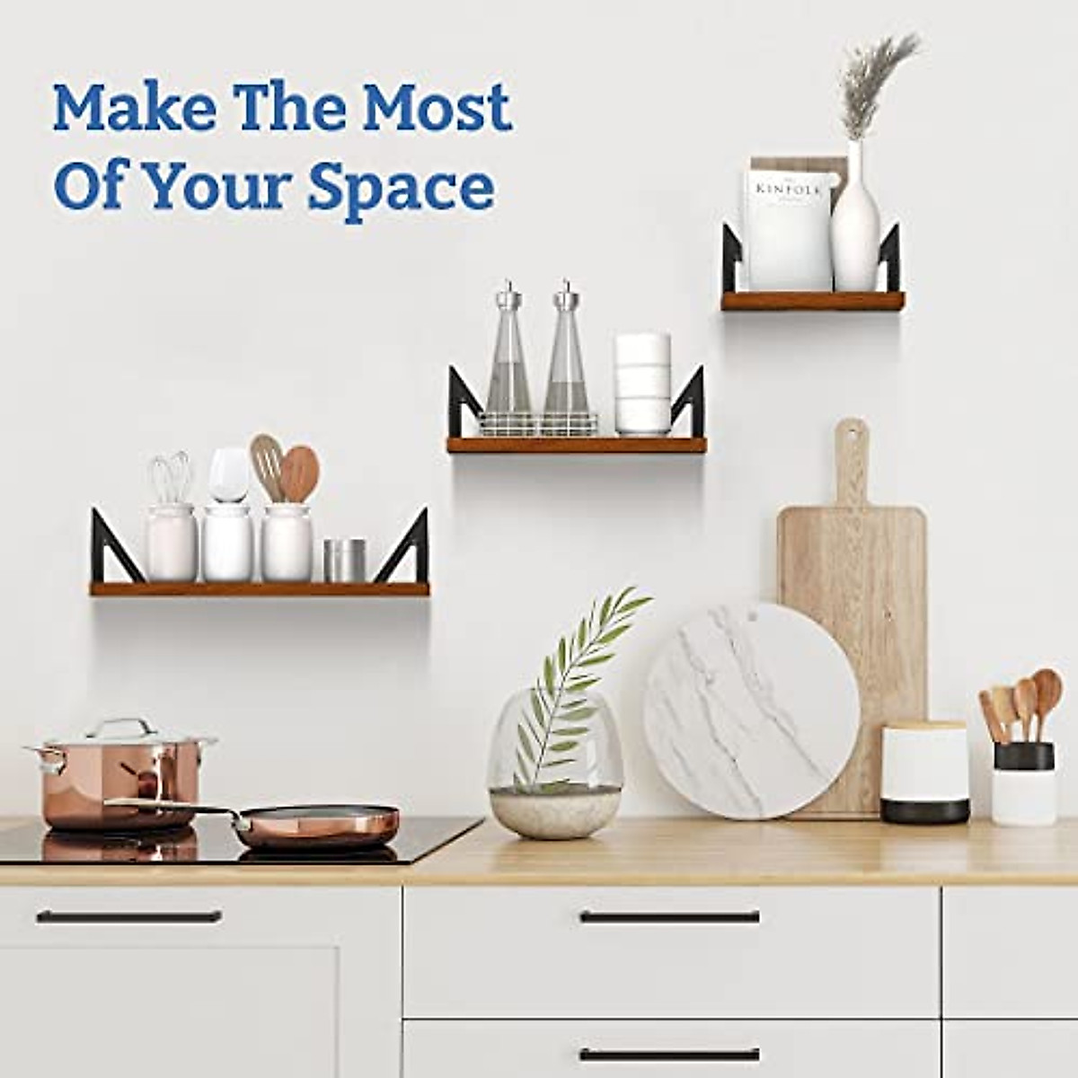 Halter Wall Book Shelves for Bedroom, Small Wall Shelf, Mounted Floating Wall Shelving, Hanging Shelves with Angle Brackets, Wall Shelves for Bedroom, Bathroom, Kitchen, Dark Brown,Set of 3