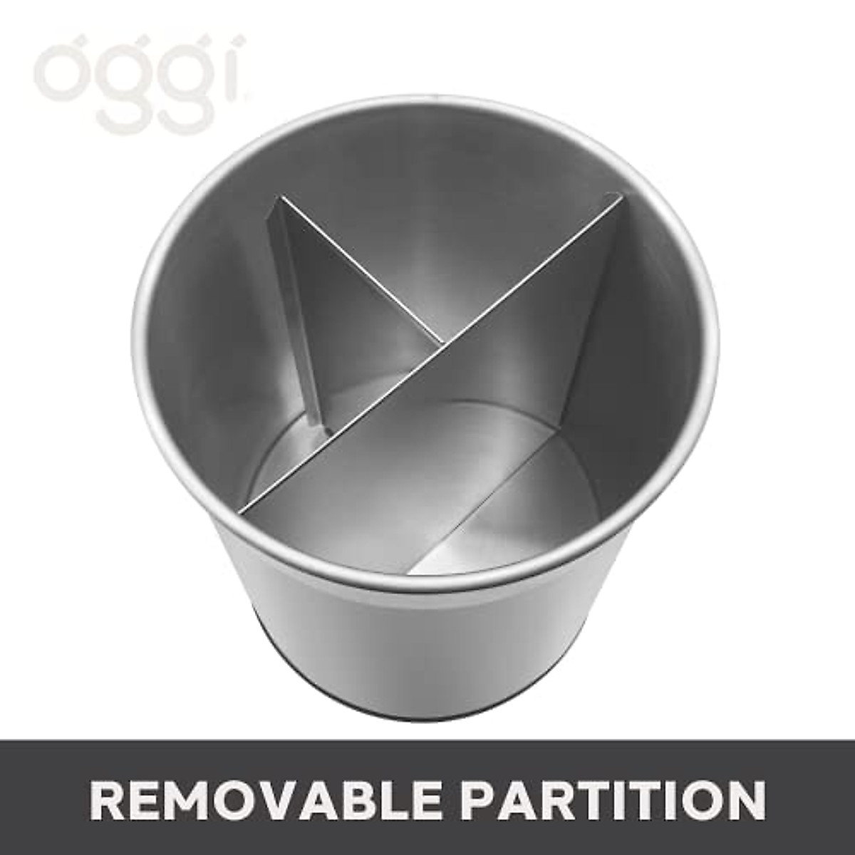 Oggi Jumbo Stainless Steel Rotating Utensil Holder with Removable Divider - Stylish kitchen cooking utensil organizer. Height 7.5".