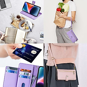 Arseaiy Wallet Case for VIVO V20 Flip Phone Case with Crossbody Strap Magnetic Handbag Zipper Pocket PU Leather Shockproof with Kickstand Phone Shell Purple