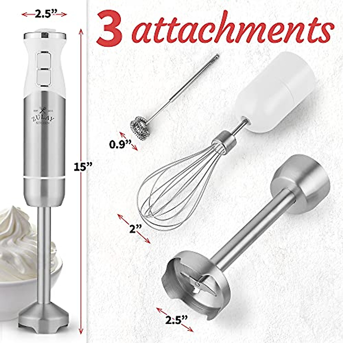 Zulay Kitchen Immersion Blender Handheld 500W - 8 Speed Copper Motor Immersion Hand Blender - Heavy Duty Stick Blender Immersion With Stainless Steel Whisk and Milk Frother Attachments (White)