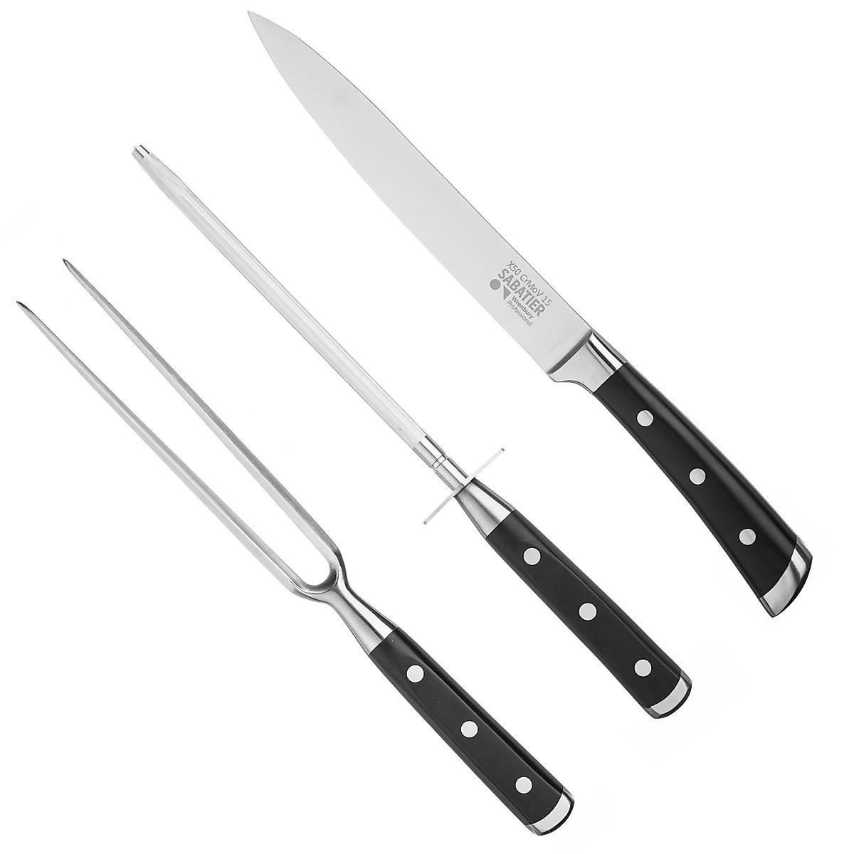 Sabatier Turkey Carving Knife Set for Meat - Carving Knife and Fork Set - Meat Carving Kit with Sharpening Steel - Set of 3 - Carving Sets for Meat - Cuts Meat Like Butter - Wooden Gift Box