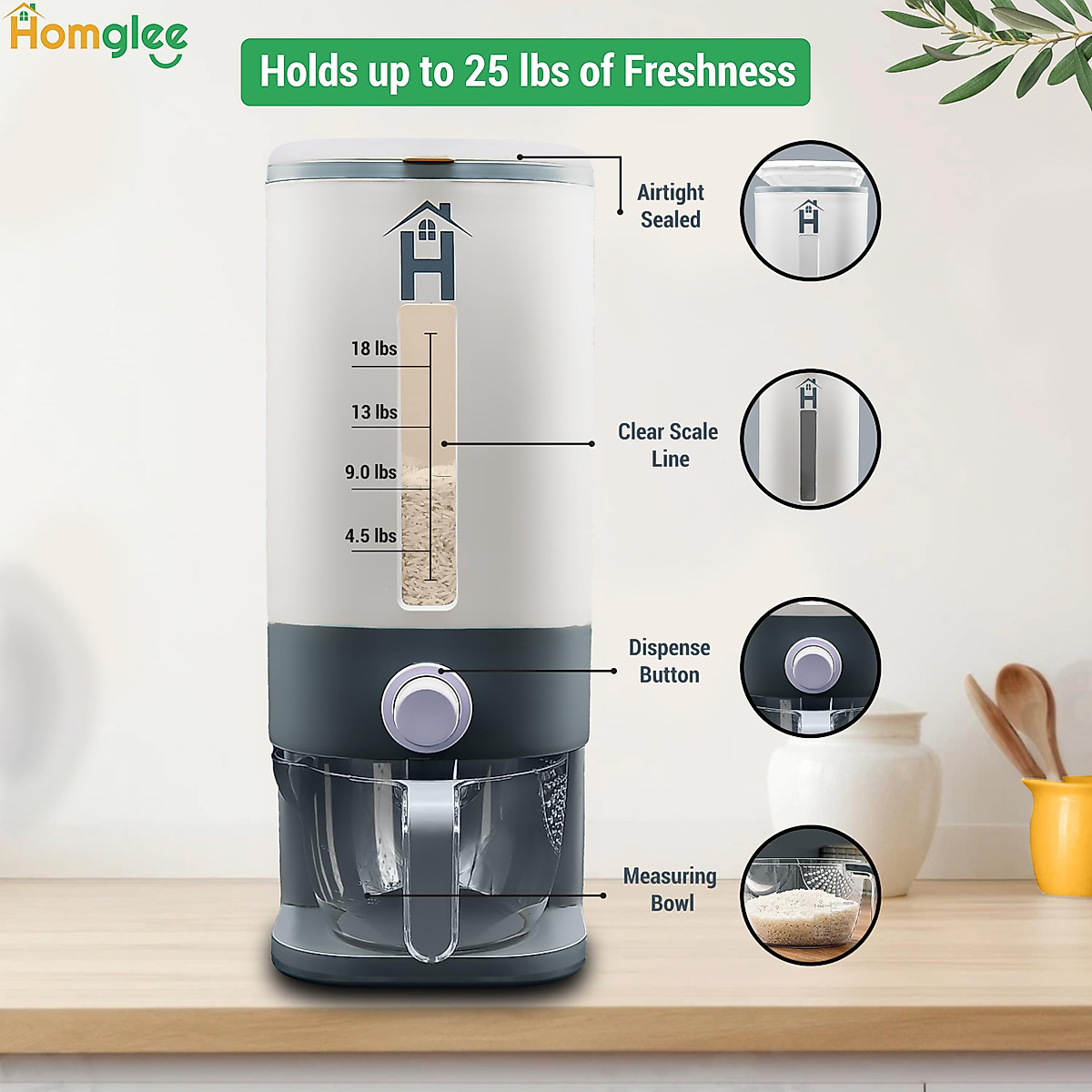 Homglee Rice Dispenser 25 Lbs – Moisture Proof Rice Container with Measuring Cup for Kitchen Pantry – Ideal Rice Storage Container with Lids & Built-in Box for Grains Cereals Soybean Corn – Grey