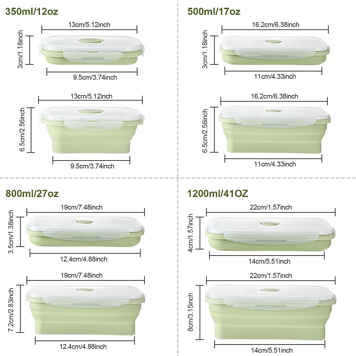 Soaoo Set of 8 Collapsible Silicone Food Storage Containers 12 oz 17 oz 27 oz 41 oz Stackable Collapsible Bowls with Airtight Lid Silicone Lunch Box Set, Oven Microwave Freezer Dishwasher Safe