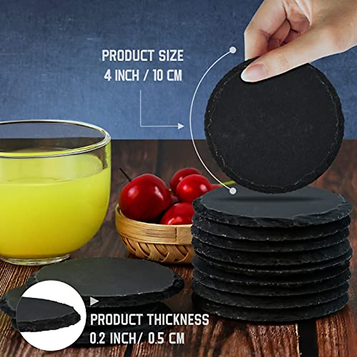 13 Pieces Slate Drink Coasters, GOH DODD 4 Inch Black Stone Coasters Bulk Cup Coaster Set with Anti-Scratch Bottom for Bar Kitchen Home Apartment, Round
