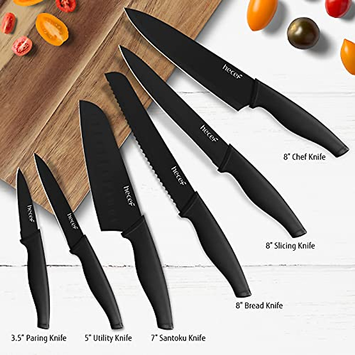 hecef Black Oxide Knife Set of 6 with Matching Blade Protective Sheath, Black Kitchen Knife Set, Scratch Resistant & Rust Proof, Hard Stainless Steel, Non Stick Black Color Coating Blade Knives