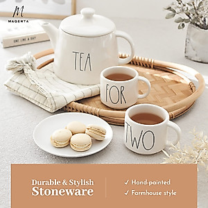 Rae Dunn Tea Set, “Tea for Two” Teapot and Stacking Teacup Set, Cute Ceramic Tea Set for Kitchen or Dining Room, 3-Piece Set