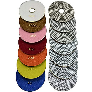 Konfor 5 Inch Wet Diamond Polishing Pads - 7 Piece Set for Marble Granite Concrete Countertop Glass Engineered Stone