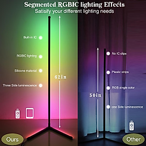 24W Corner Floor Lamp, 62" Smart RGB LED Floor Lamp with Music Sync, Modern Mood Lighting Corner Lamp Dimmable with Remote & App Control, DIY Mode & Timer RGB Corner Light for Living Room Gaming Room